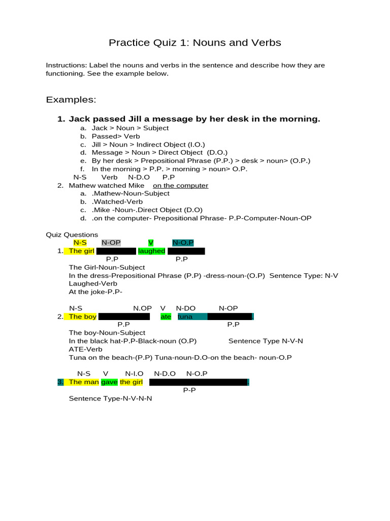 Practice Quiz 1 - Nouns and Verbs | PDF