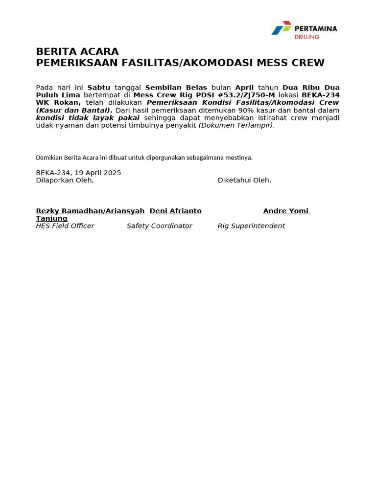 BA Pemeriksaan Akomodasi Crew | PDF