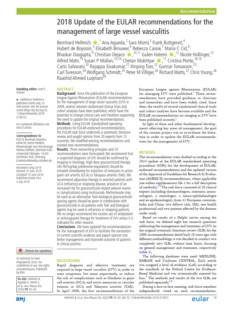Guideline Eular 2018 Tto Grandes Vasos | PDF | Medical Imaging | Medical Specialties