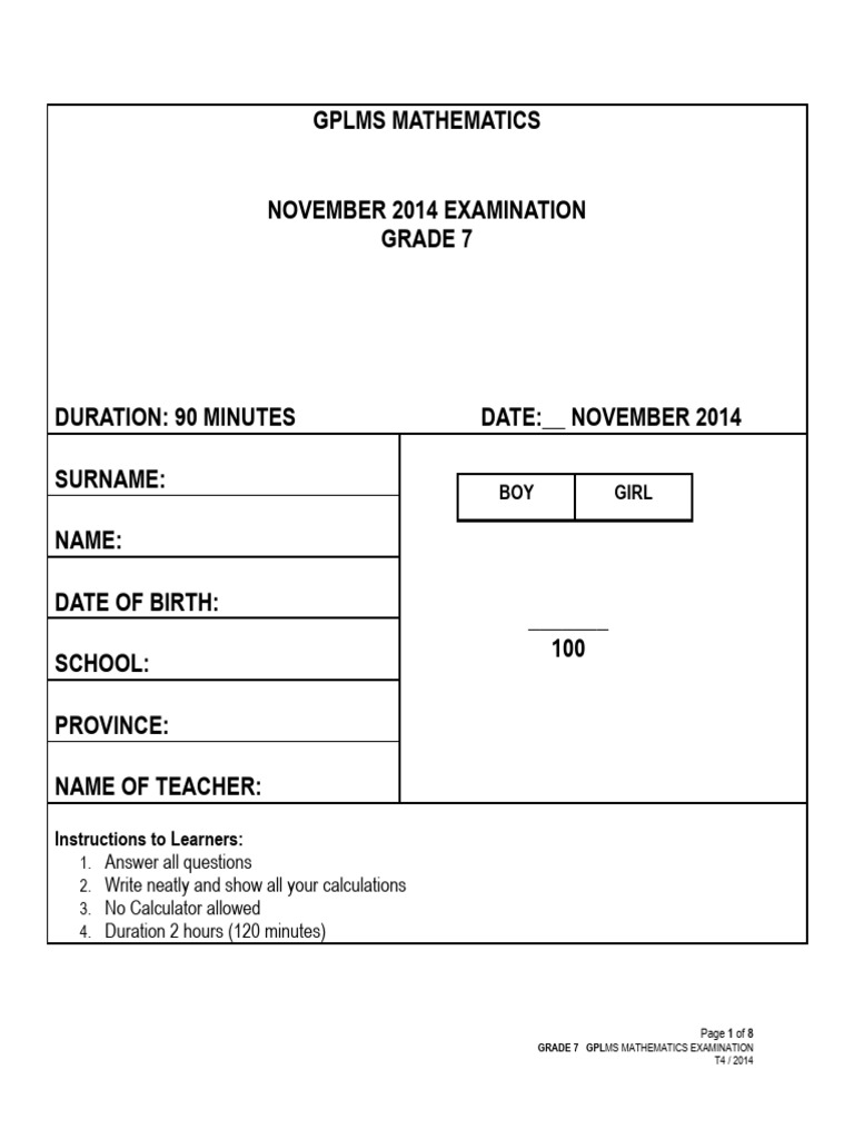 Grade 7 Maths Exam T4 2014 | PDF | Mathematics