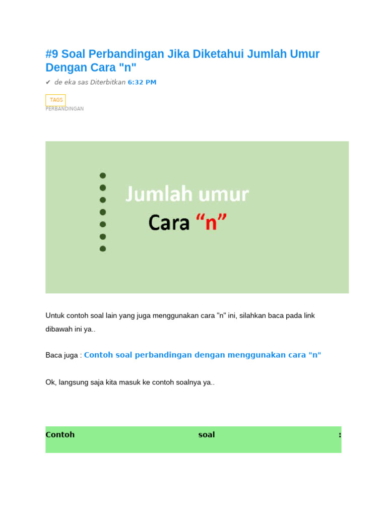 9 Soal Perbandingan Jika Diketahui Jumlah Umur Dengan Cara | PDF