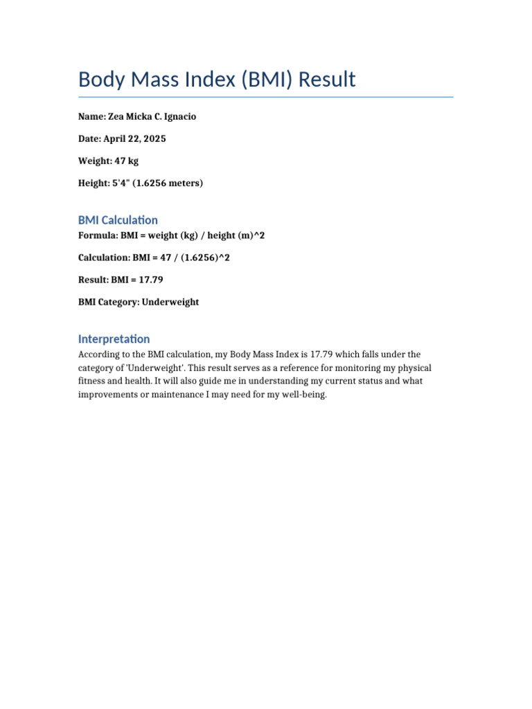 BMI Result With Calculation Zea Micka C Ignacio | PDF
