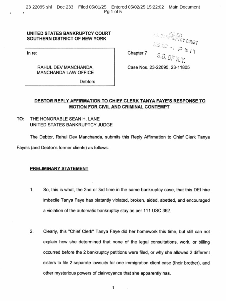 Debtor Reply Affirmation To Chief Clerk Tanya Faye's Response To Motion ...