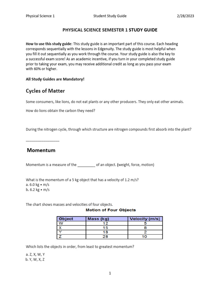 Study Guide Physical Science 1 | PDF | Planets | Atmosphere Of Earth