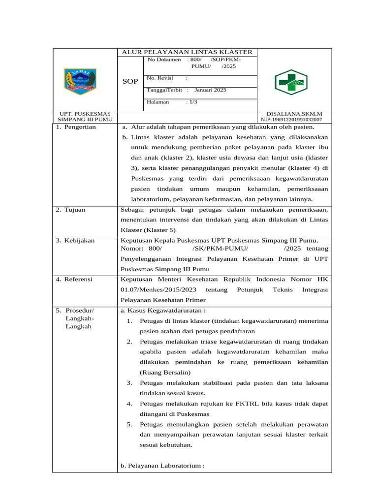 SOP Pelayanan Lintas Klaster | PDF