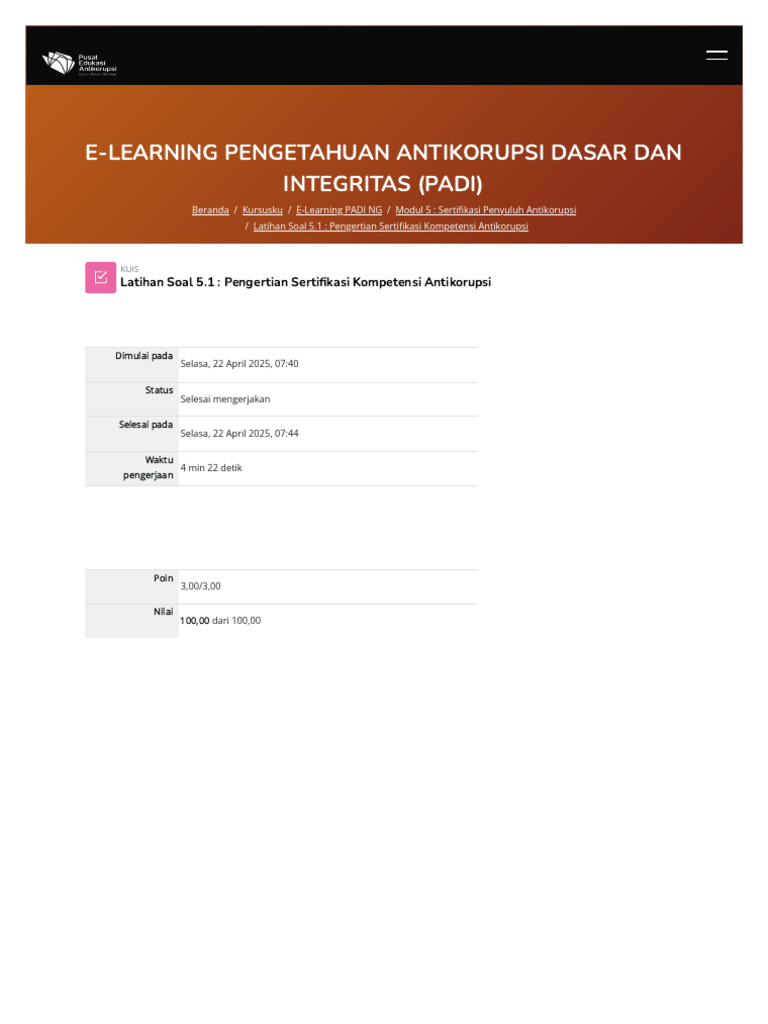 Latihan Soal 5.1 - Pengertian Sertifikasi Kompetensi Antikorupsi - Reviu Pengerjaan Kuis ...