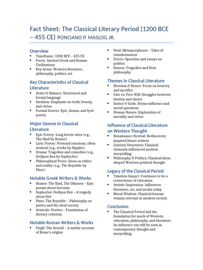 Classical Literary Period Fact Sheet | PDF | Classics | Epic Poetry