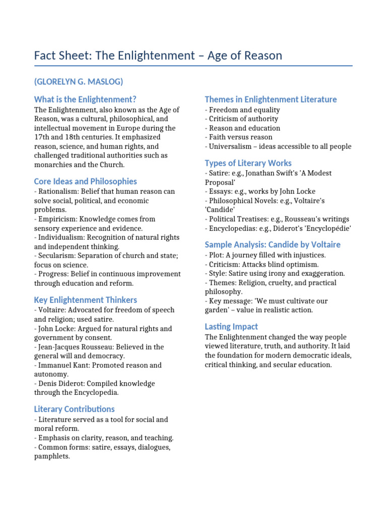 Enlightenment_Fact_Sheet | PDF | Age Of Enlightenment | Reason