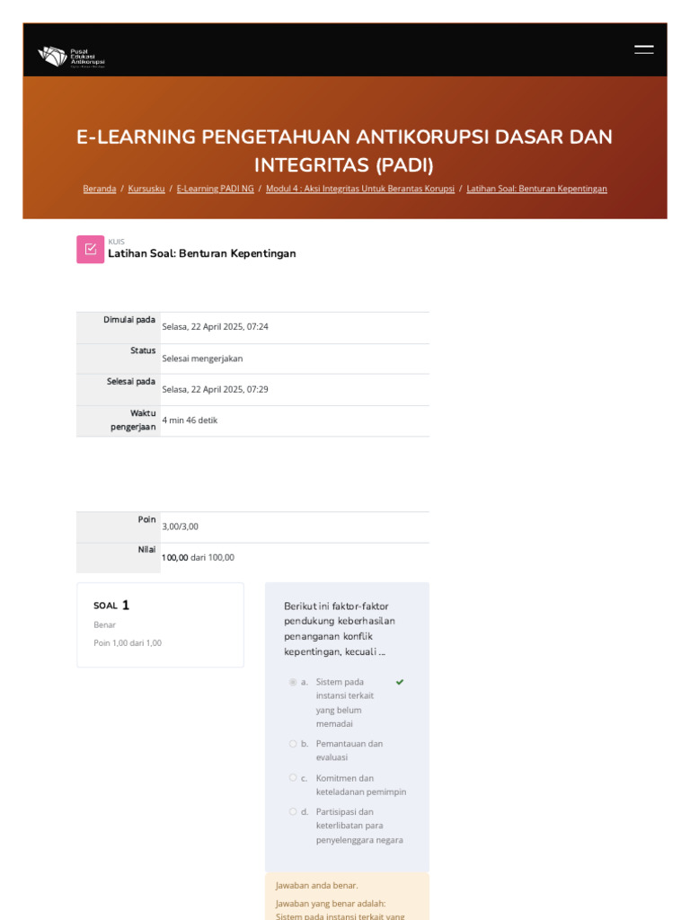 Soal - Benturan Kepentingan - Reviu Pengerjaan Kuis - Elearning-KPK | PDF