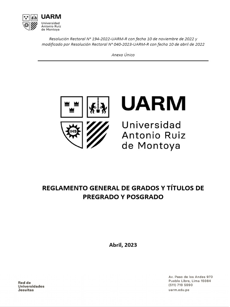 Reglamento General de Grados y Titulos UARM | PDF | Titulo academico | Licenciatura