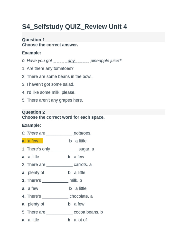 S4 - Selfstudy QUIZ - Review Unit 4 | PDF