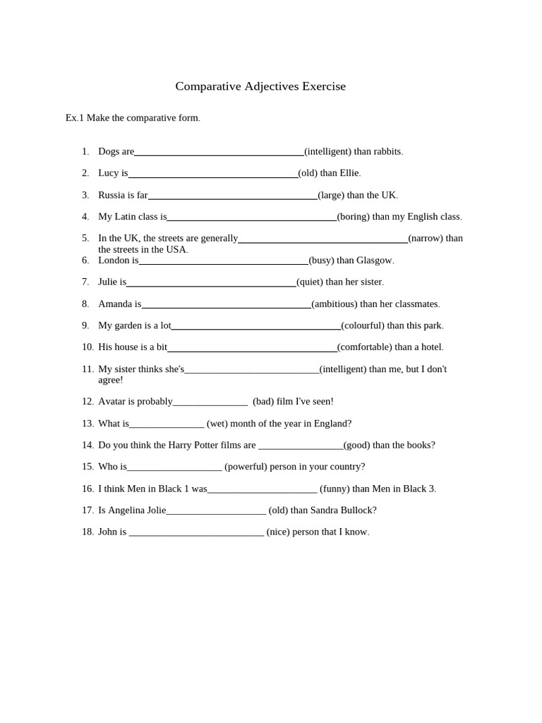 Comparative Adjectives Exercise | PDF