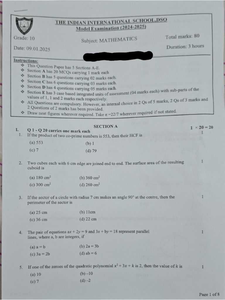 Math Model Question Paper | PDF