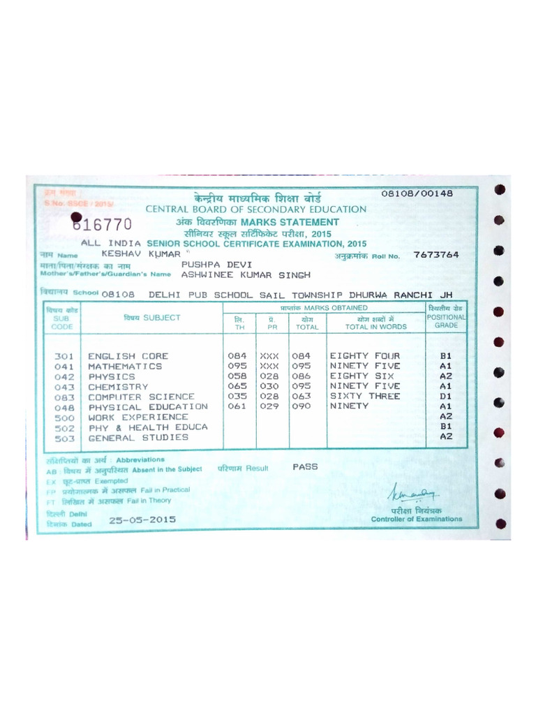 XIIth Marksheet | PDF