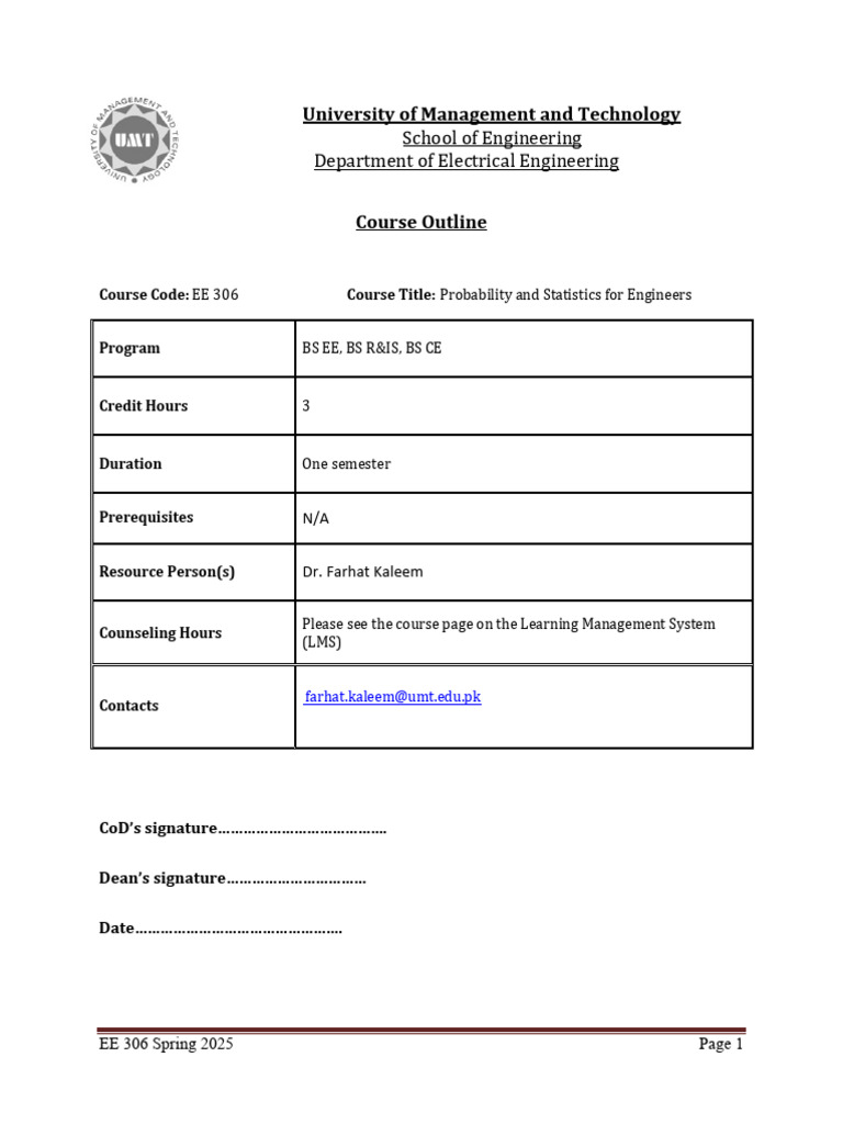 EE306 CourseOutlineOBE Spring2025 | PDF | Probability Density Function | Random Variable