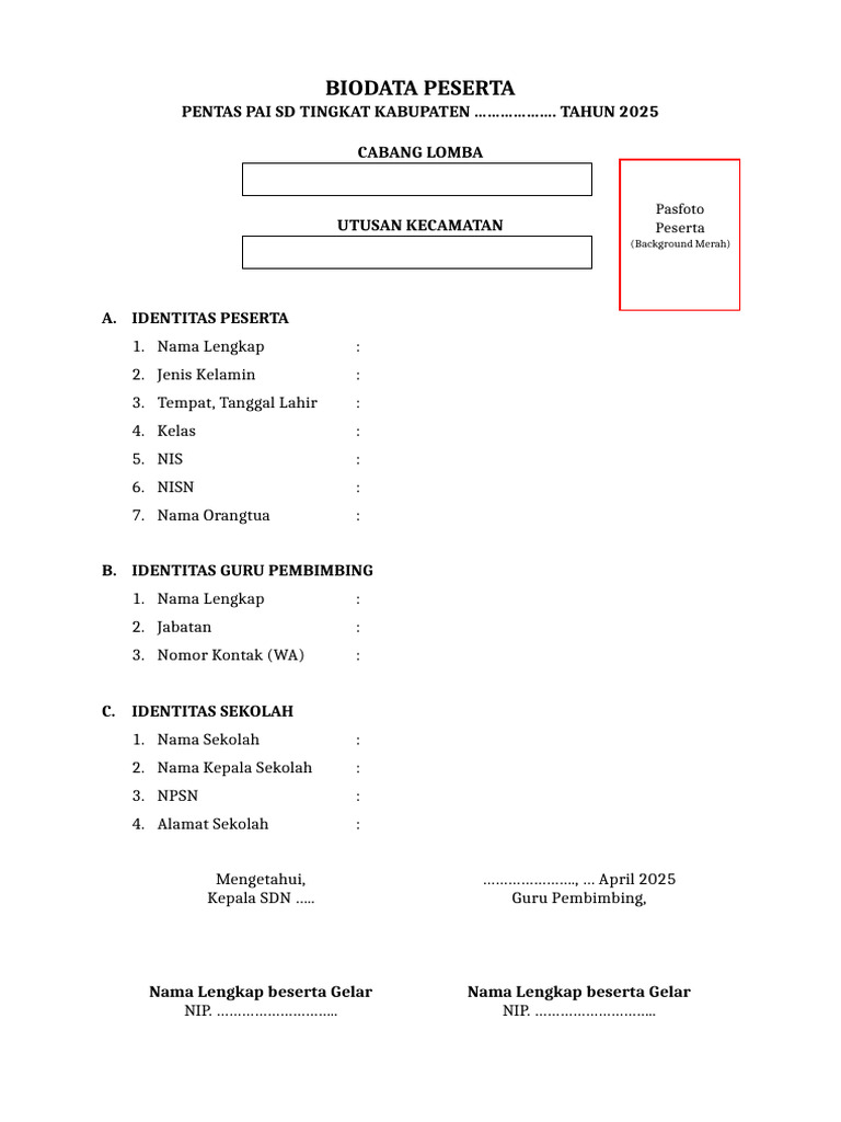 Biodata Peserta Lomba Ajang Talenta Siswa | PDF