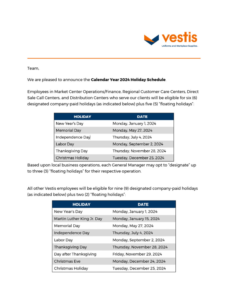 2024 Holiday Schedule and Guidelines | PDF