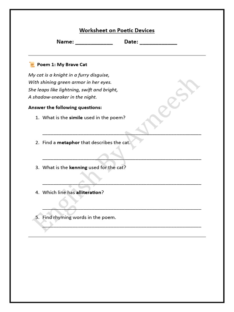 Worksheet On Poetic Devices | PDF