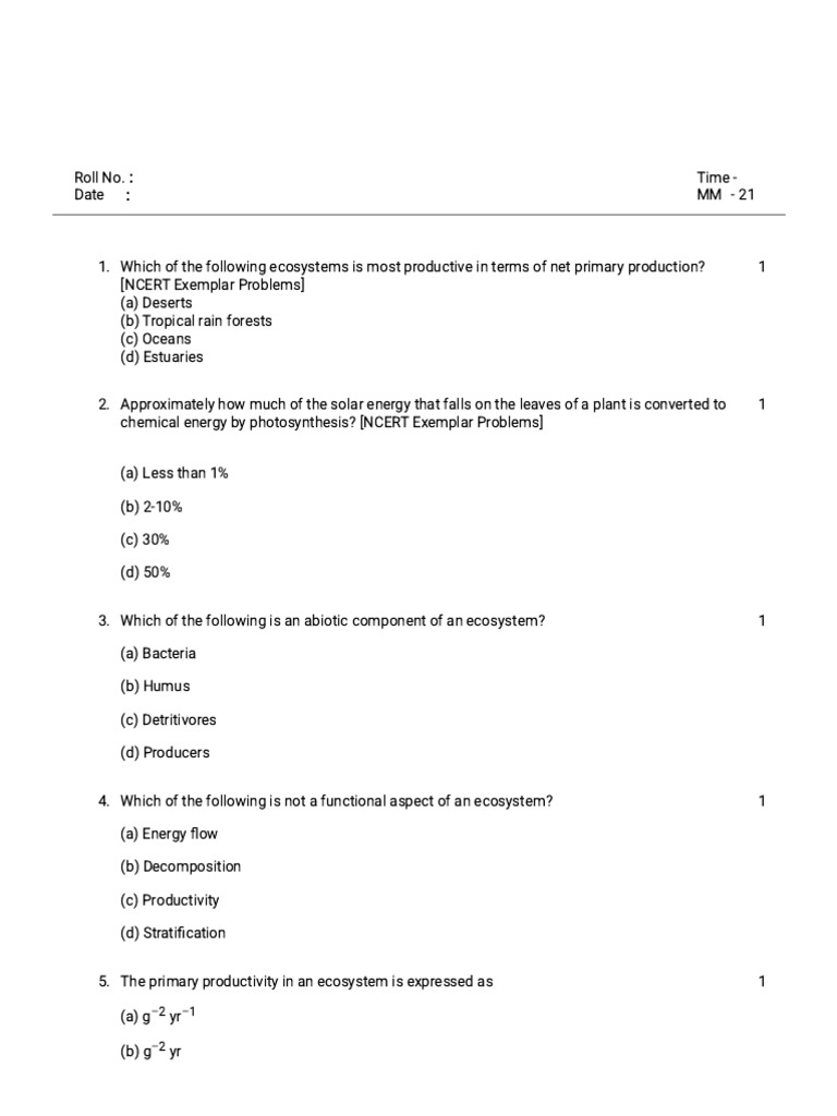 Ecosystem Productivity and Energy Flow Quiz | PDF | Primary Production ...