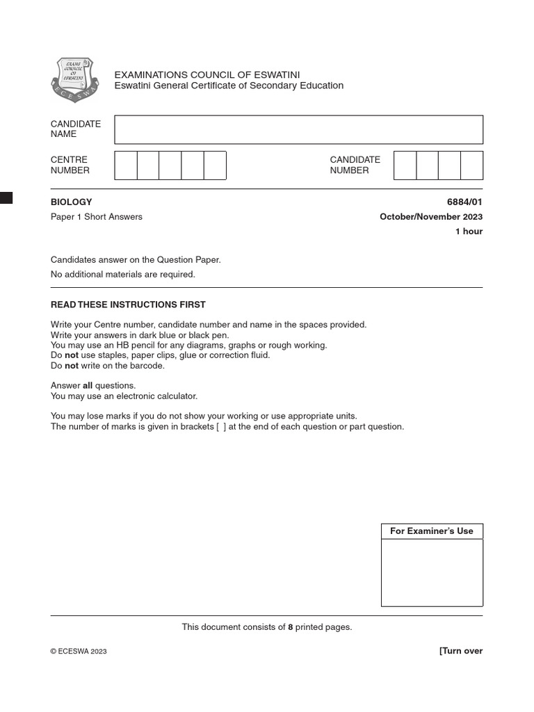 ECESWA Biology Paper 1 2023 Exam | PDF | Genotype | Biology