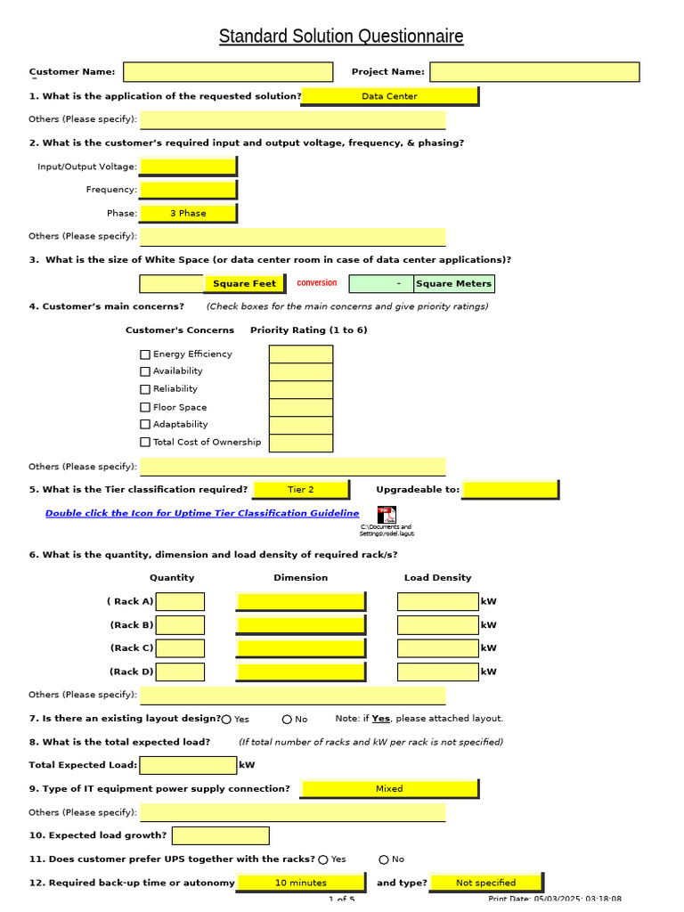 Standard - DC Solution - Questionnaire | PDF | Data Center | Manufactured Goods