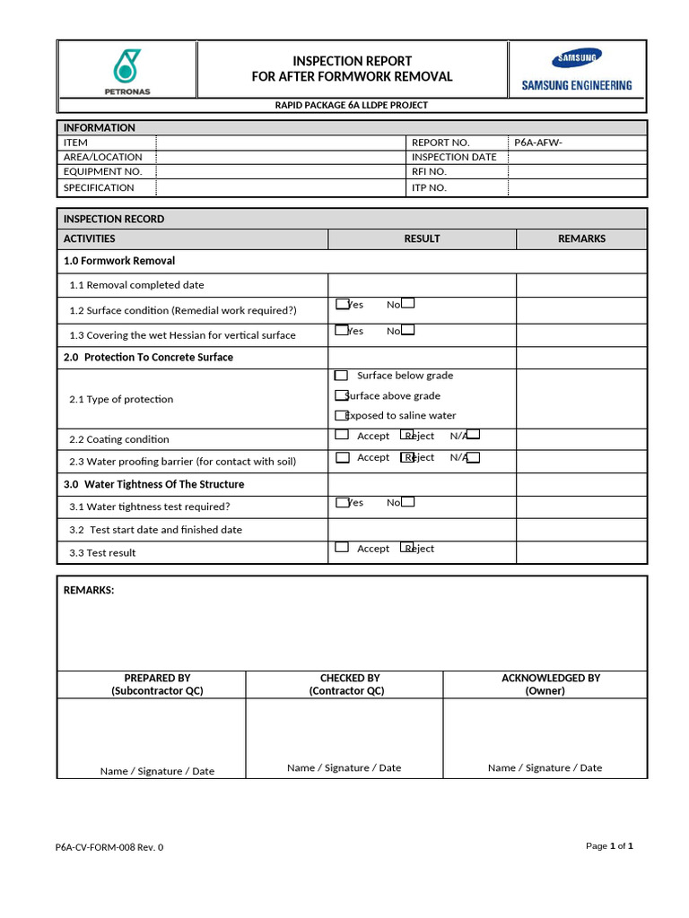 P6A-CV-FORM-008 R0 Inspection Report For After Form Removal | PDF