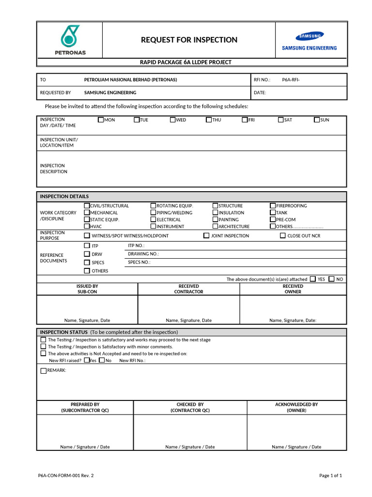 P6A-CON-FORM-001 R2 Request for Inspection Form | PDF