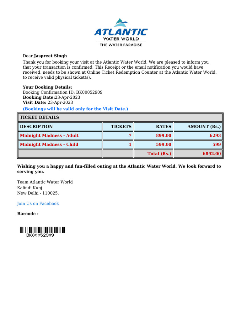 Atlantic Water World Ticket Confirmation | PDF