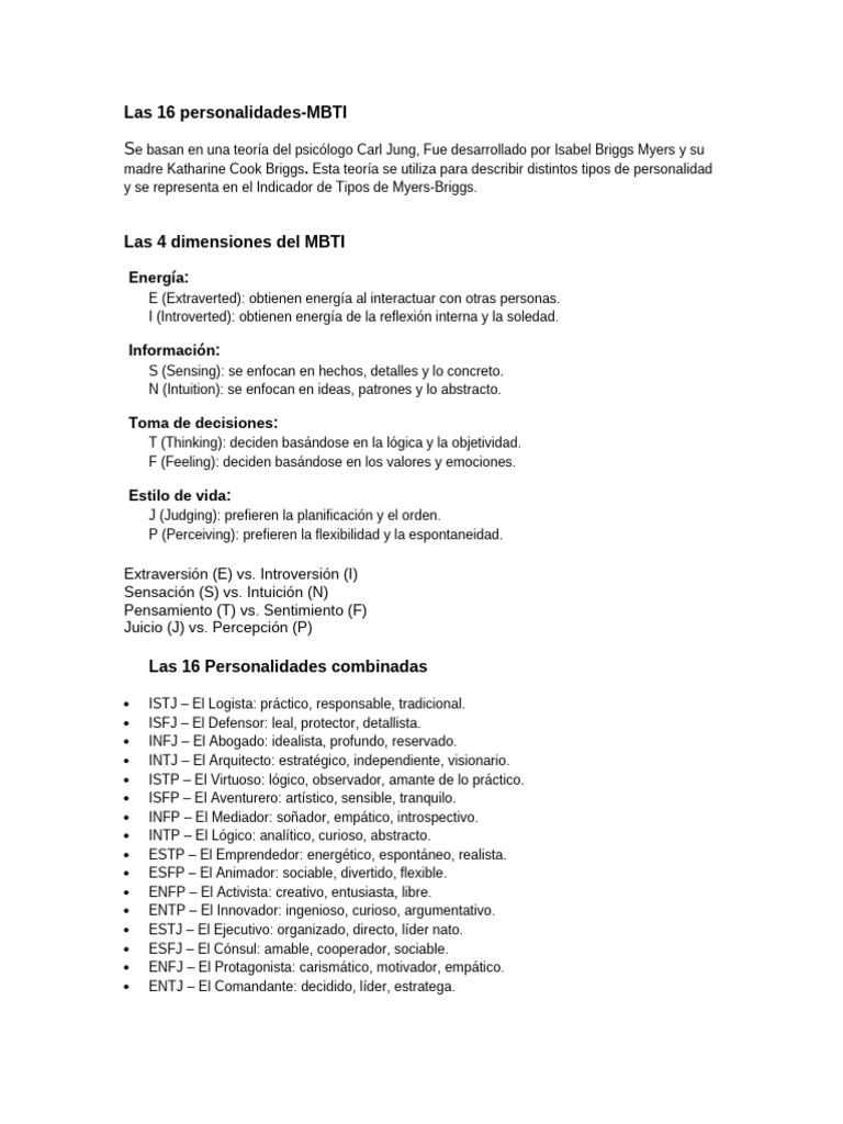 Las 16 Personalidades MBTI | PDF