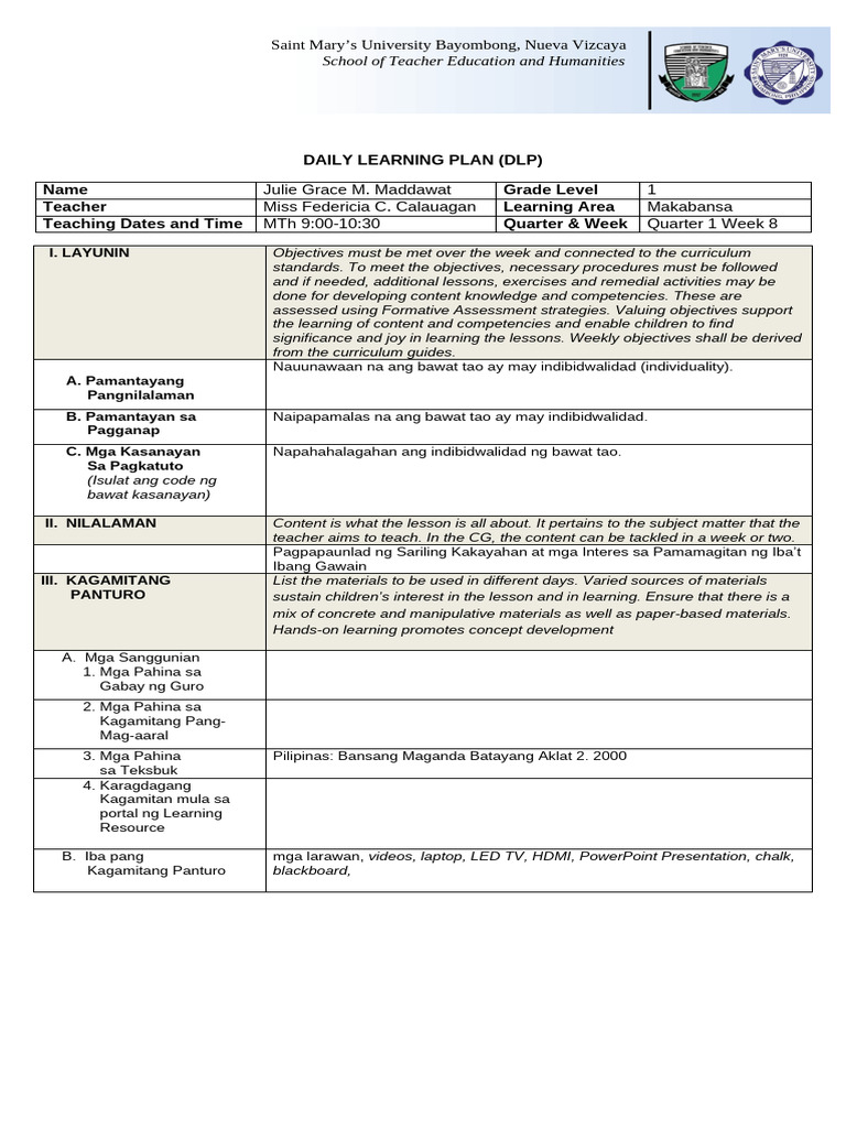 Detailed Lesson Plan in Makabansa 1 Quarter 1 Week 8 With Instructional ...