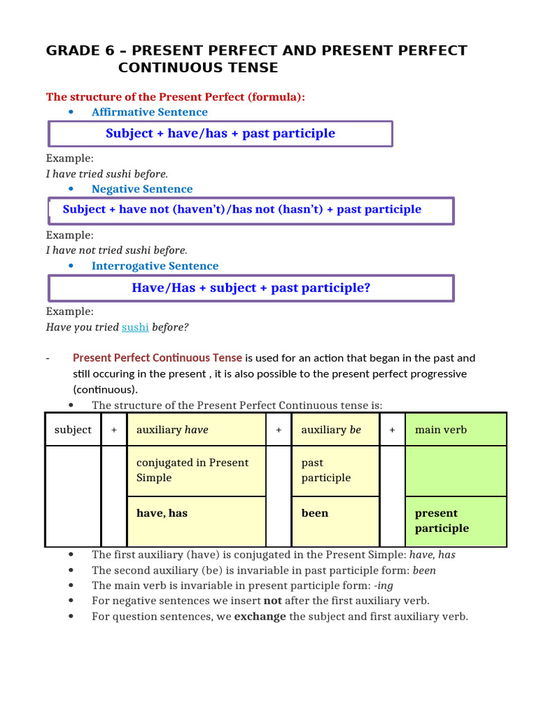GRADE 6 - Present Perfect and Present Perfect Continuous Tense | PDF | Perfect (Grammar) | Syntax