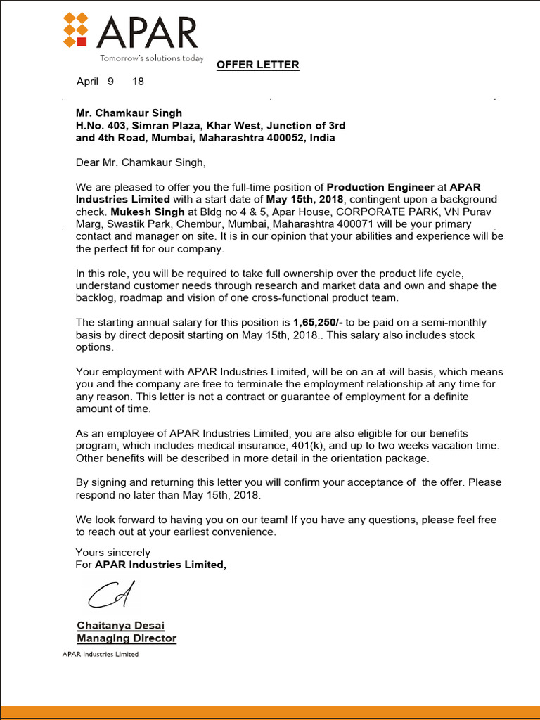 CHAMKAUR OFFER LETTER | PDF