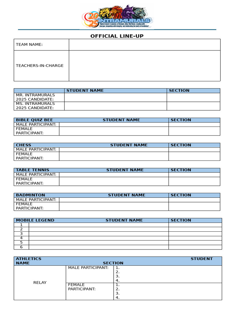 Intramurals 2025 Official Line Up Form | PDF | Athletics | Individual ...