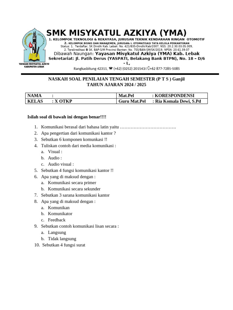 PTS 2024 Ganjil Korespondensi | PDF