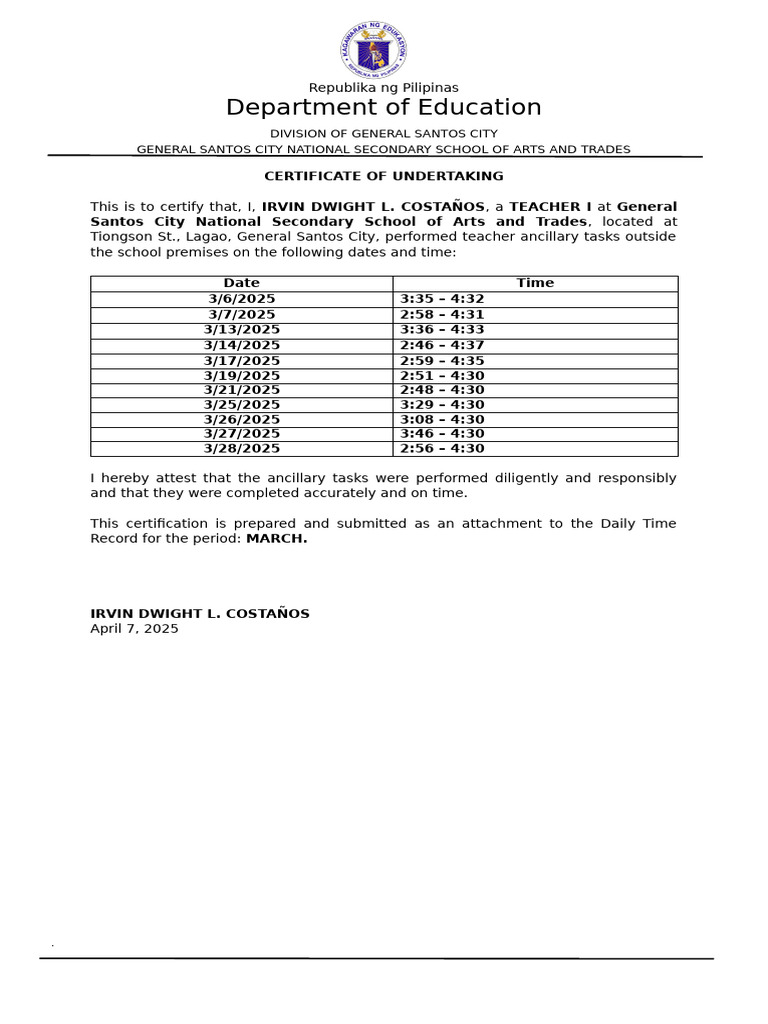 Certificate of Undertaking | PDF