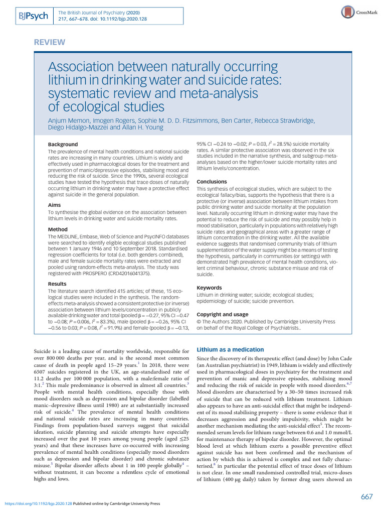 Association Between Naturally Occurring Lithium in Drinking Water and ...