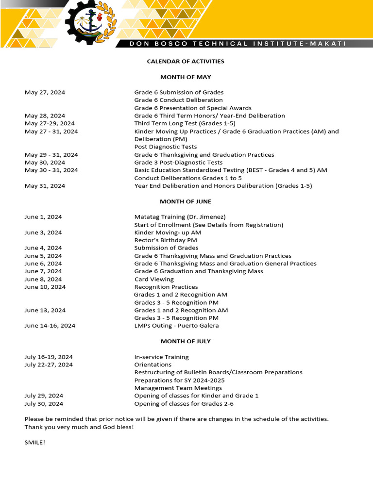 SY 2023-2024 Calendar of Activities | PDF