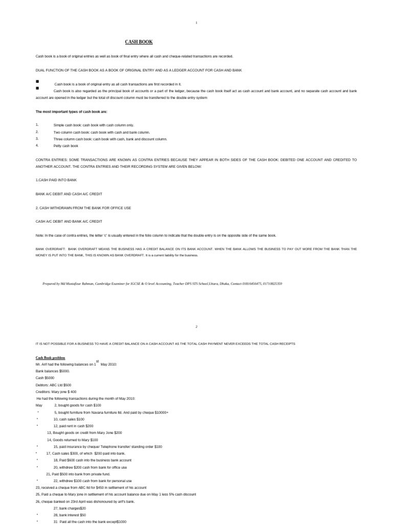 Cash Book Notes | PDF | Debits And Credits | Personal Finance