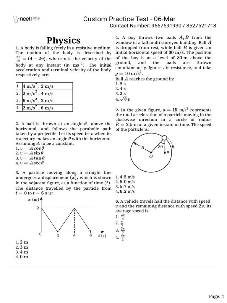 Custom Practice Test - 06-Mar | PDF | Acceleration | Mole (Unit)