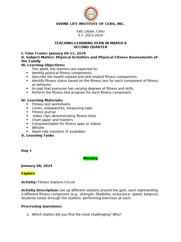 PE-8-WEEK 1 (Lesson 1 - Part 1) | PDF | Physical Fitness | Learning