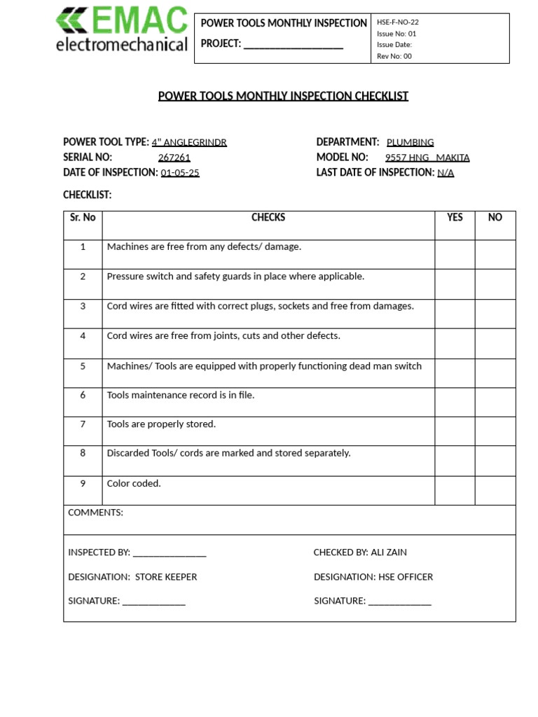 Monthly Power Tools Inspection Checklist | PDF