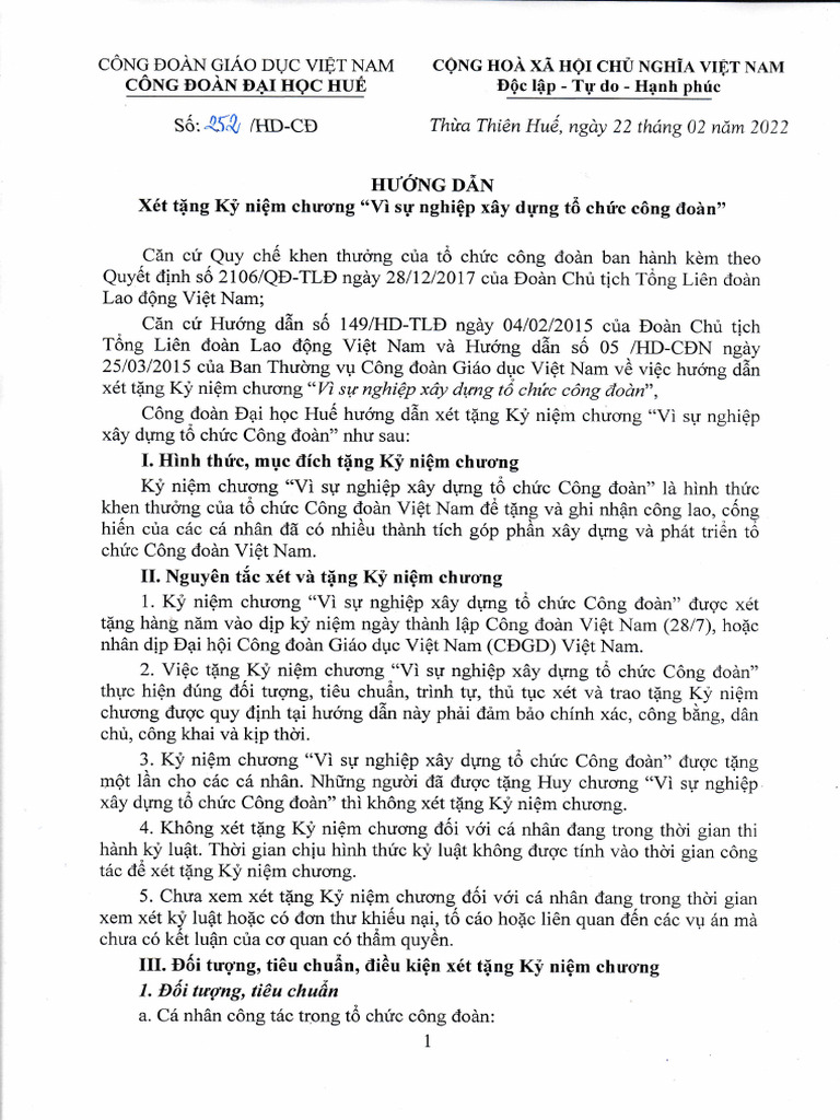 Huong Dan Xet Tang Ky Niem Chuong Vi Su Nghiep Xay Dung To Chuc Cong Doan 1 | PDF