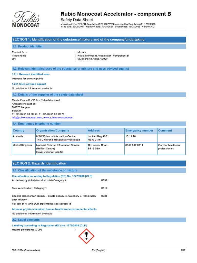 MSDS - Rubio Monocoat Accelerator - Component B - EN | PDF | Toxicity | Dangerous Goods