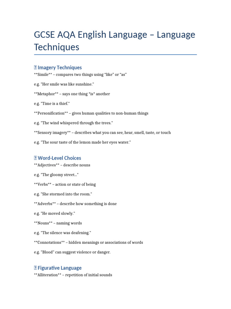 GCSE AQA English Language Techniques Guide | PDF