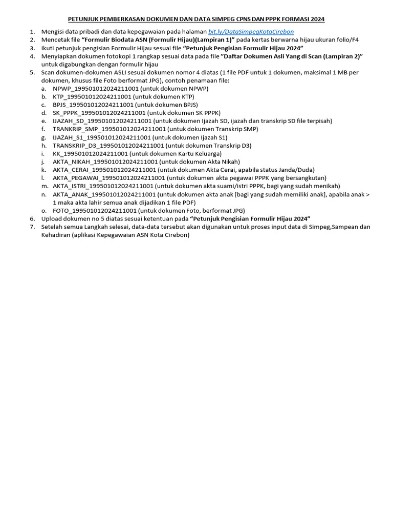 Petunjuk Pemberkasan Dokumen Dan Data Simpeg CPNS PPPK Formasi 2024 | PDF