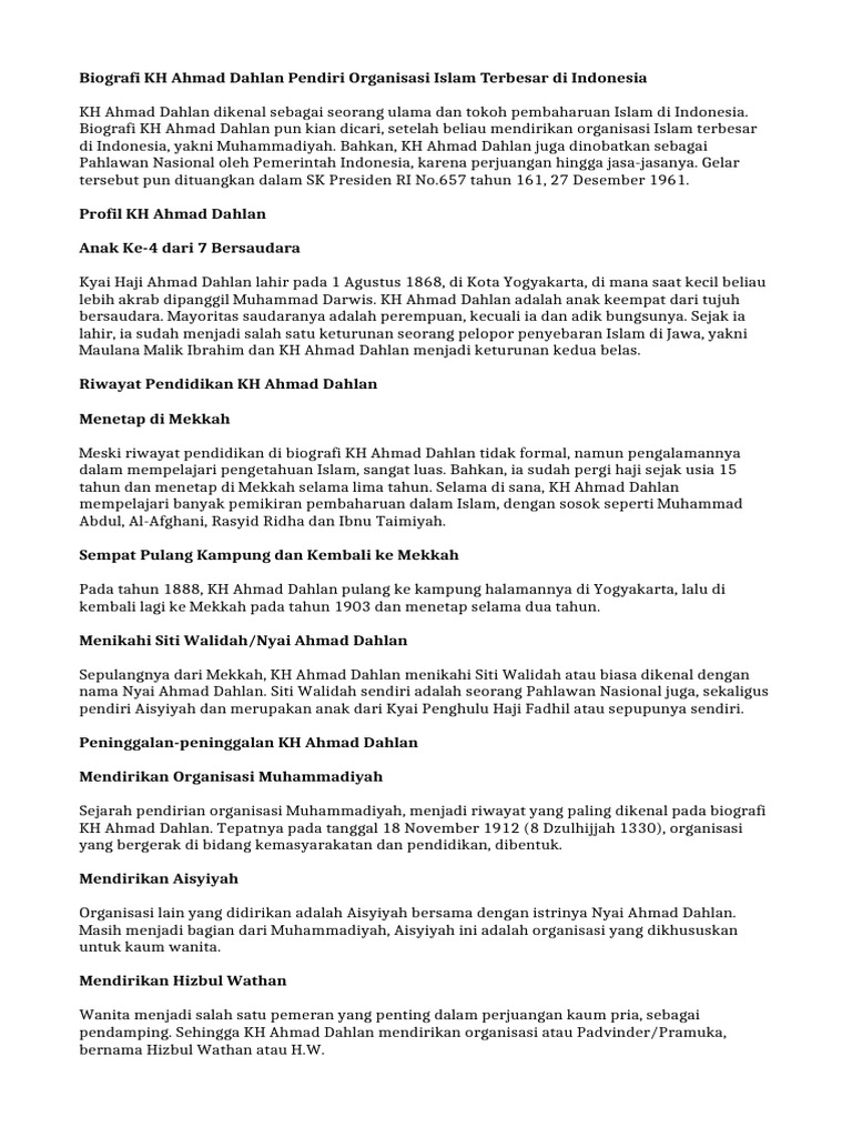 Biografi KH Ahmad Dahlan Pendiri Organisasi Islam Terbesar Di Indonesia | PDF