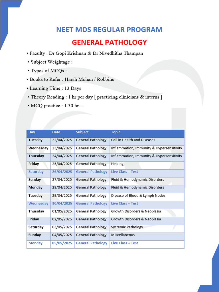 NEET MDS General Pathology Schedule 2025 | PDF