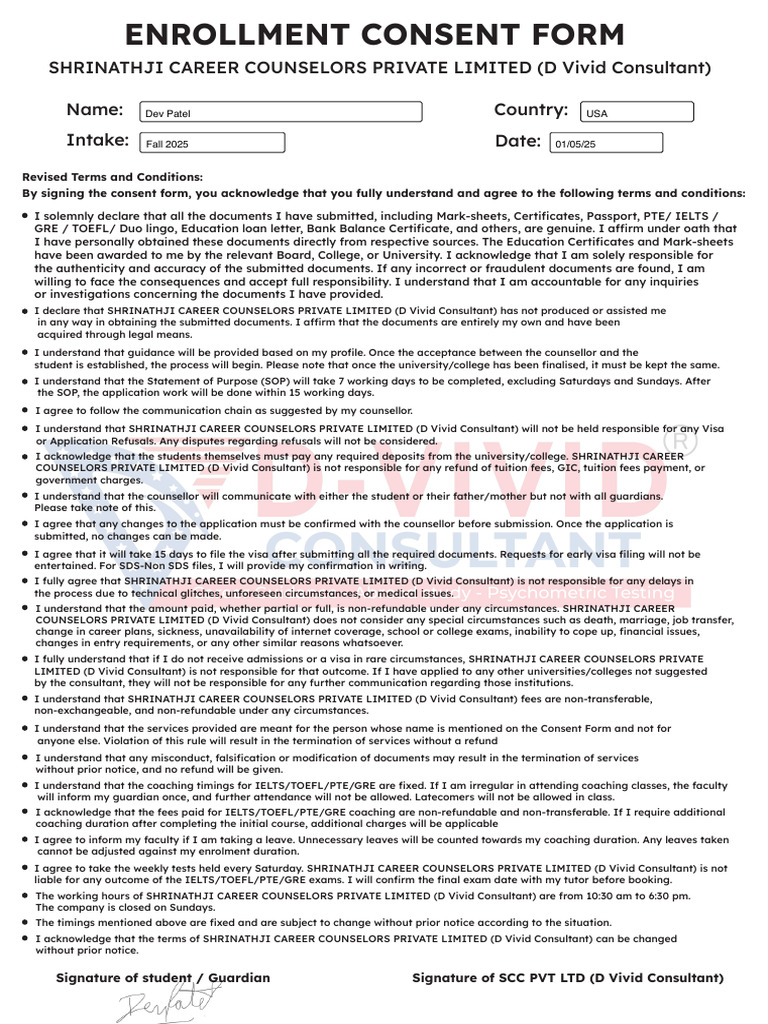 Dvivid Enrollment Consent Form (1) | PDF | Test Of English As A Foreign ...
