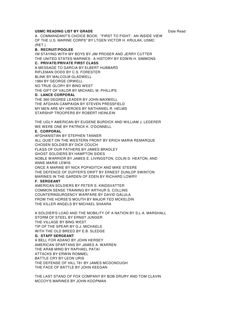 Marine Corps Reading List Book Report Format