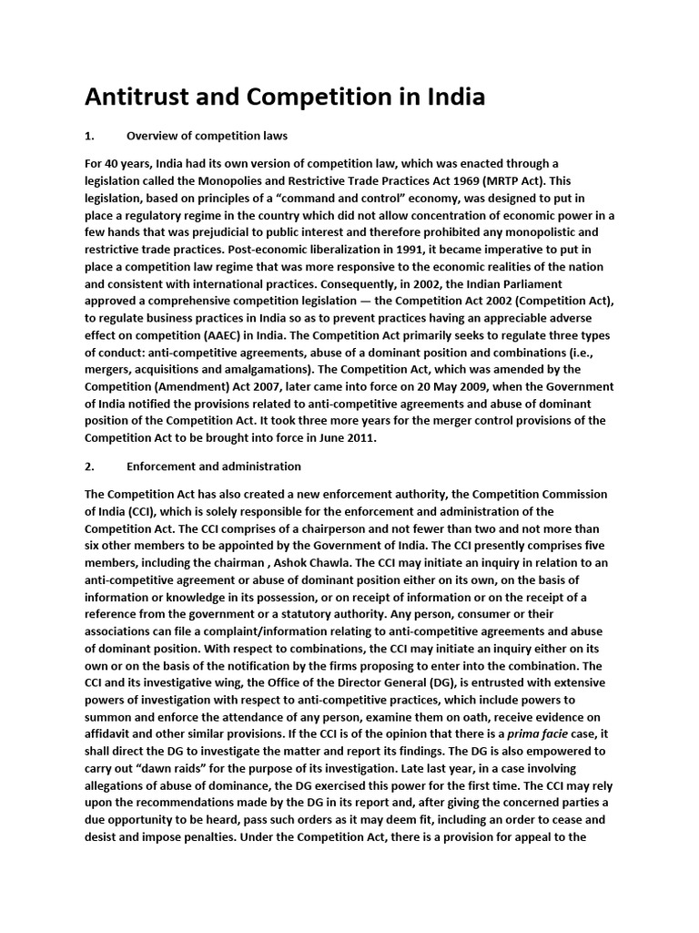 Antitrust Laws and Competition in India | PDF | Competition Law ...